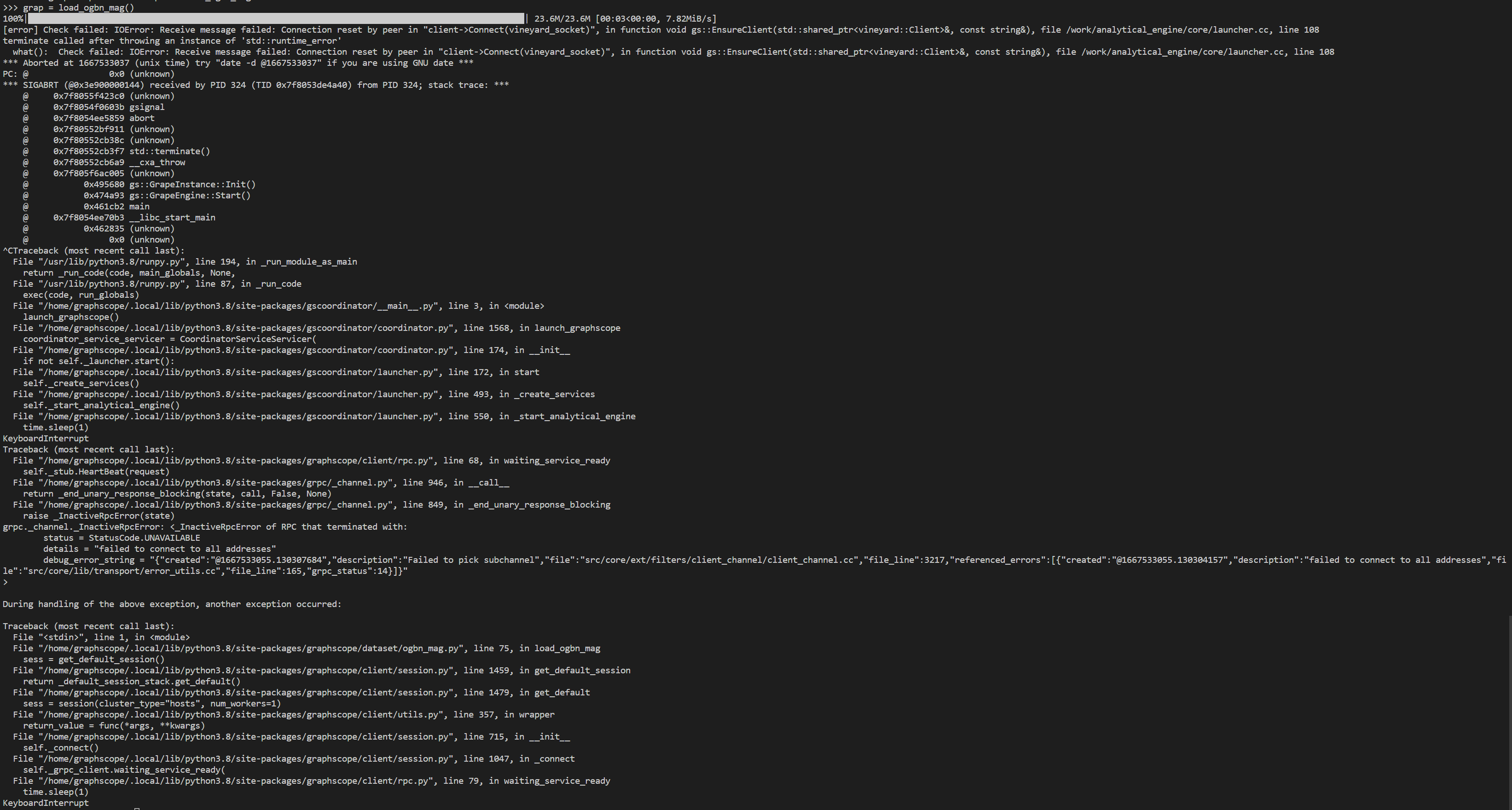 [BUG] error running example code on v6d connection · Issue #2202 · alibaba/GraphScope · GitHub