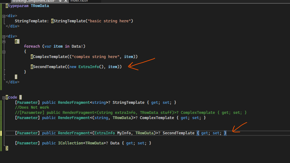 Named Tuples On RenderFragments Not Working and Razor intellisense is holding onto reference ...