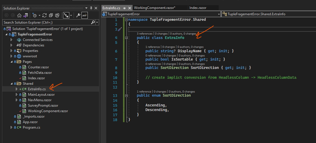 Named Tuples On RenderFragments Not Working and Razor intellisense is holding onto reference ...