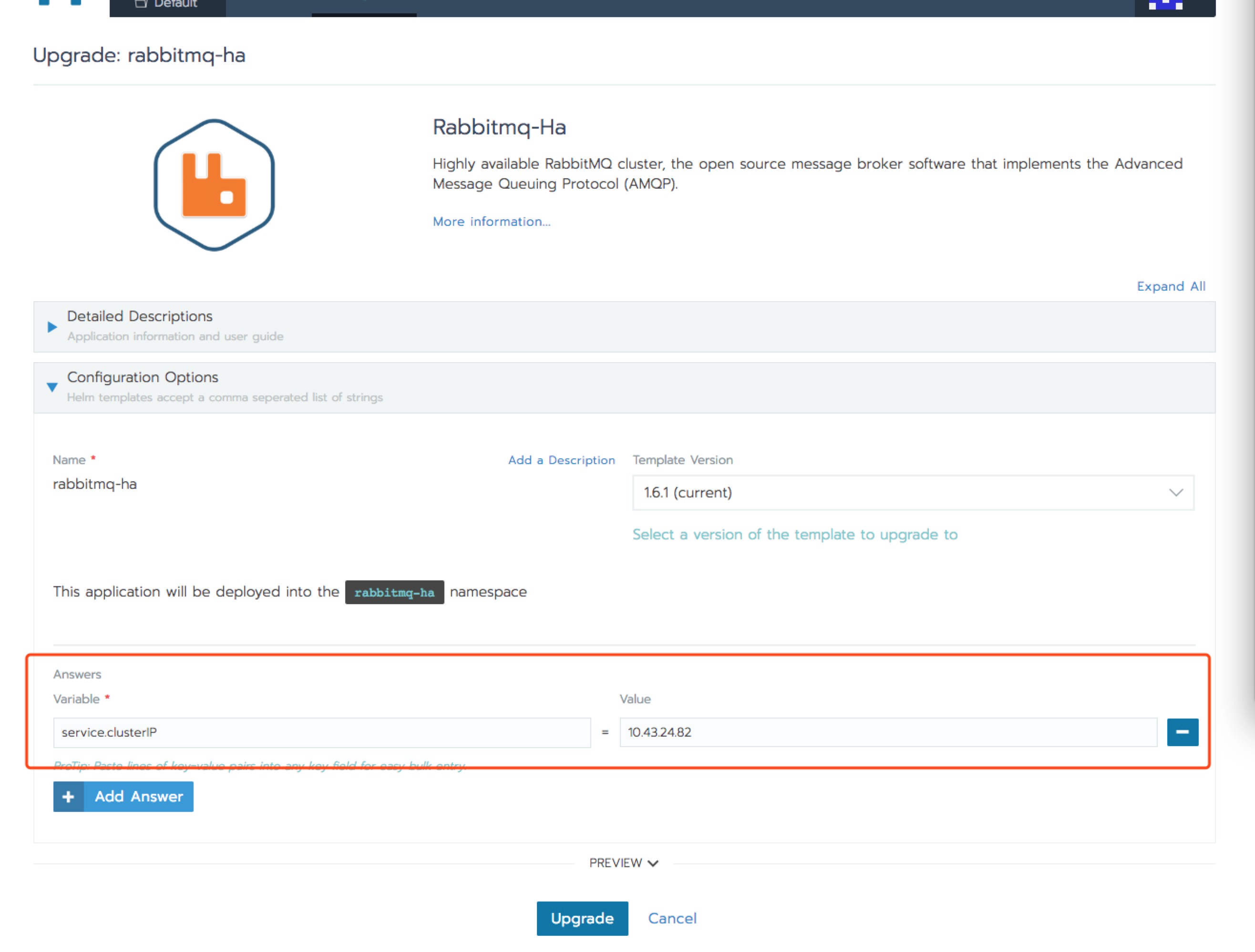 Error when upgrading app: spec.clusterIP: Invalid value · Issue #13734 · rancher/rancher · GitHub