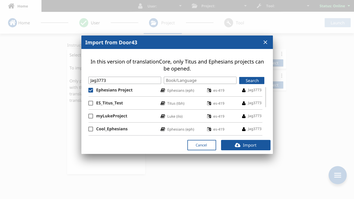 2. Project: Import Online Project · Issue #971 · unfoldingWord/translationCore · GitHub