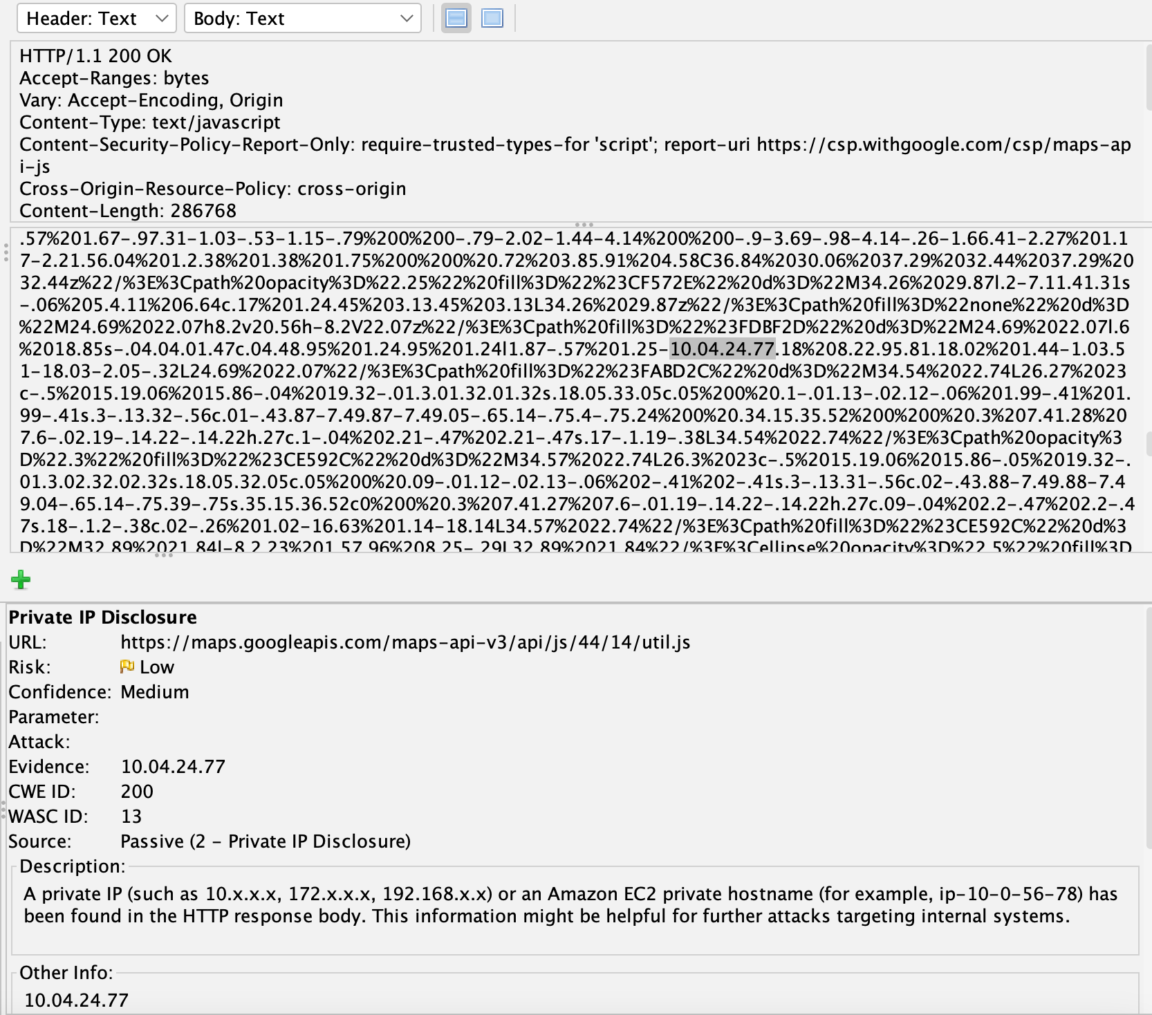 false positive from passive scan for private ip disclosure of path fill for maps.googleapis.com ...