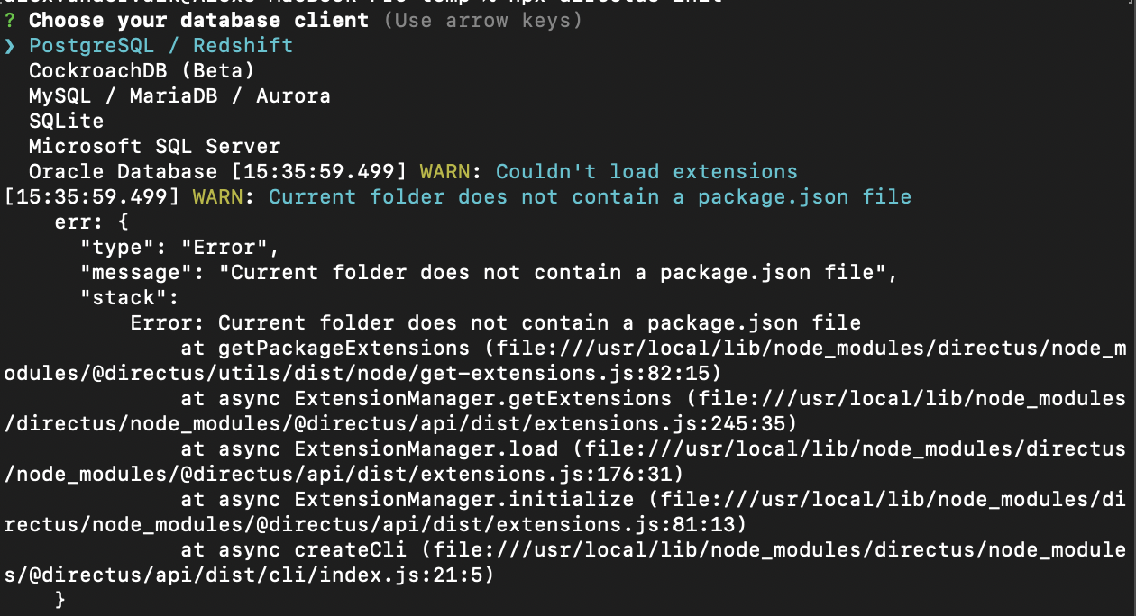npx directus init package.json error · Issue #18319 · directus/directus · GitHub