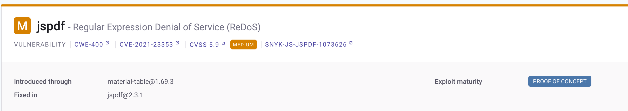 Synk Security check failed - dependency 'jspdf' has vulnerability with version jspdf@2.1.0 ...