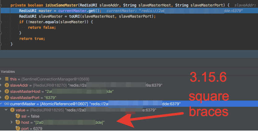 SentinelConnectionManager.java stores `currentMaster` ipv6 address ...
