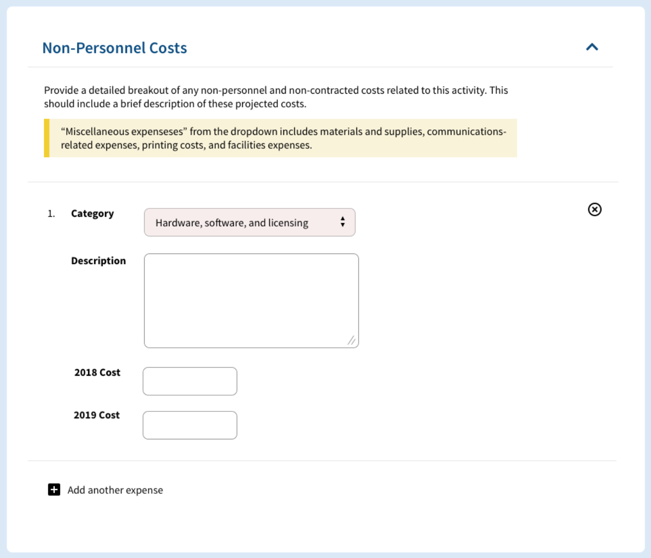 Add in list entries to personnel, non-personnel, and contract resources ...