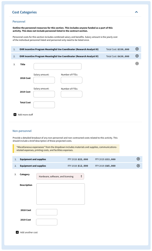 Build out updated cost categories section to combine non-personnel and ...