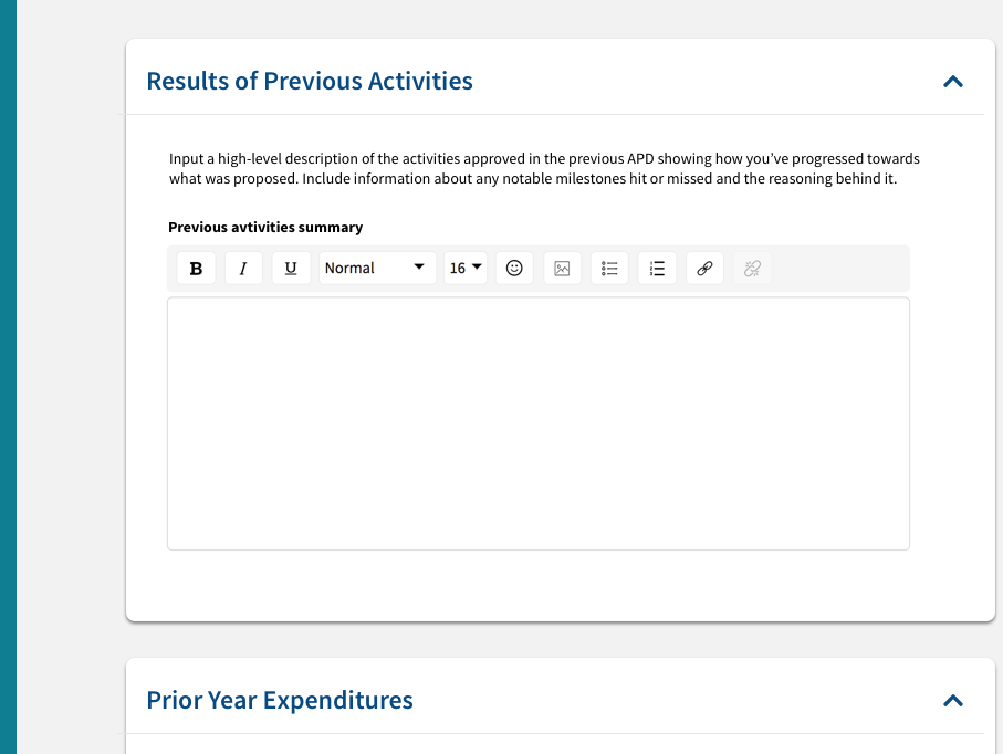 Wireframe "Section II" of the APD to results of previous activities ...