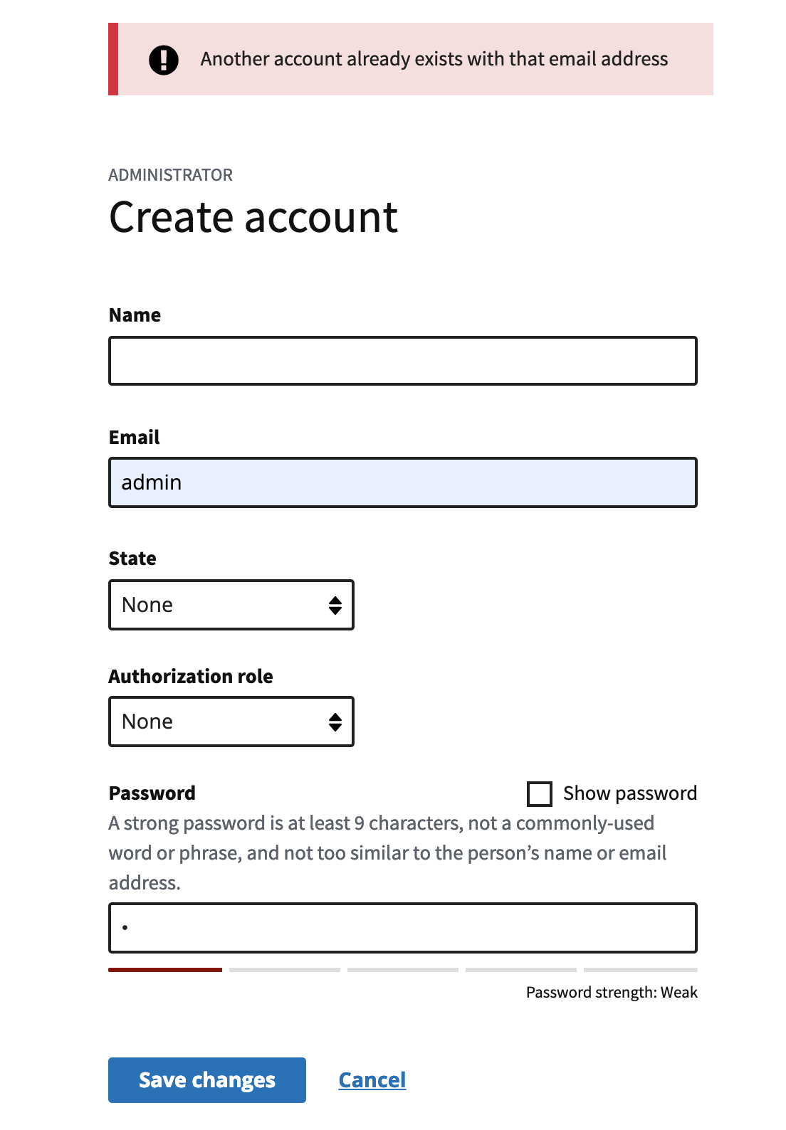 Determine the error style and interaction on the account management ...
