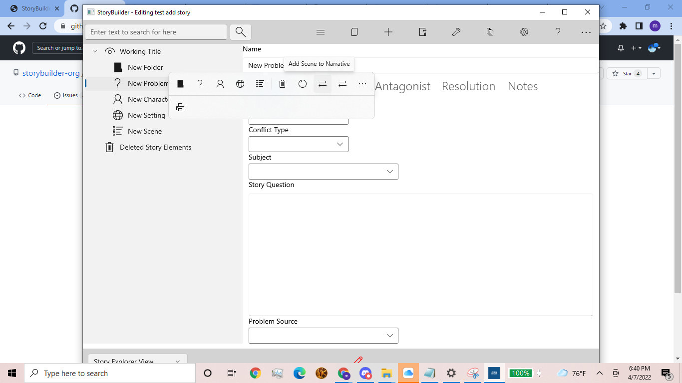 Not adding scene to narrative · Issue #281 · storybuilder-org/StoryCAD · GitHub