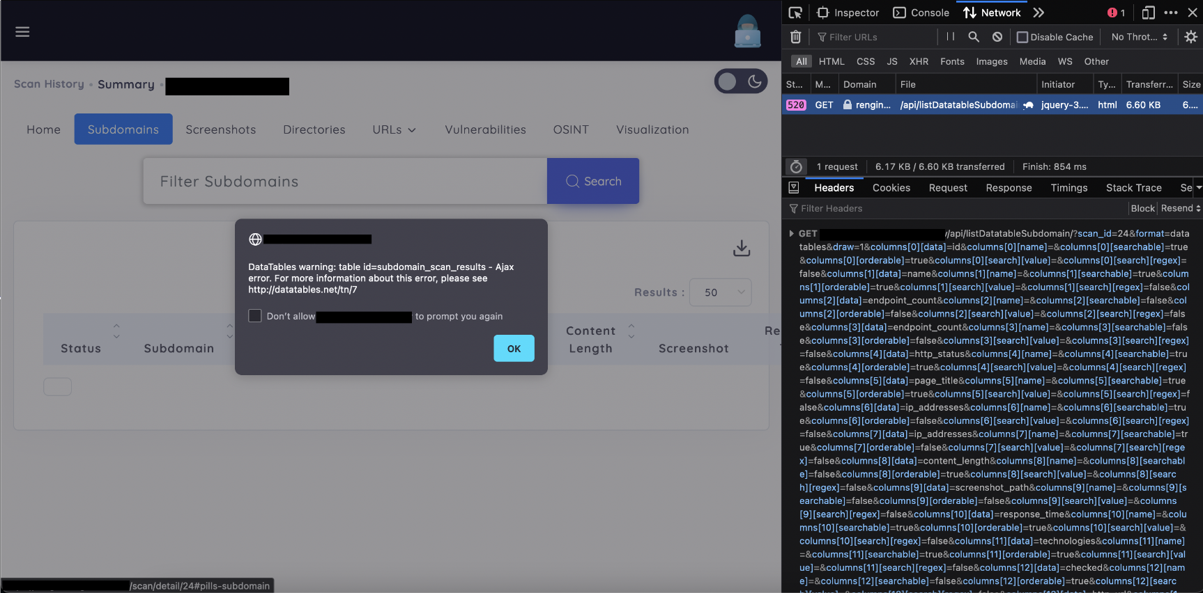 Bug - Subdomains data tables won't load · Issue #579 · yogeshojha/rengine · GitHub