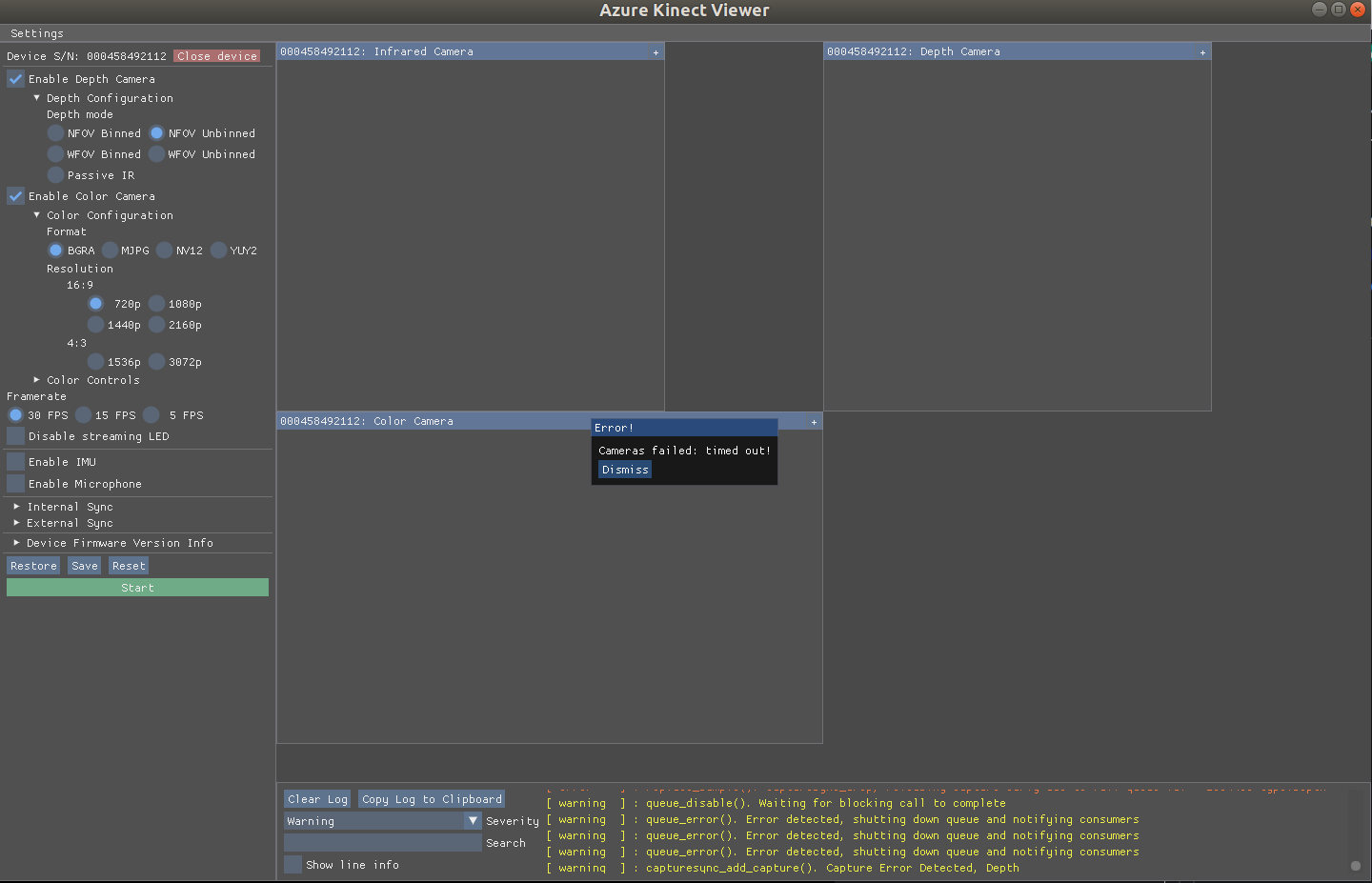 RGB camera error when connect the azure kinect through usb-c cable only ...