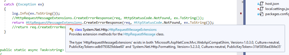 Azure Function is not working with HttpResponseMessage and HttpRequestMessage.CreateResponse ...