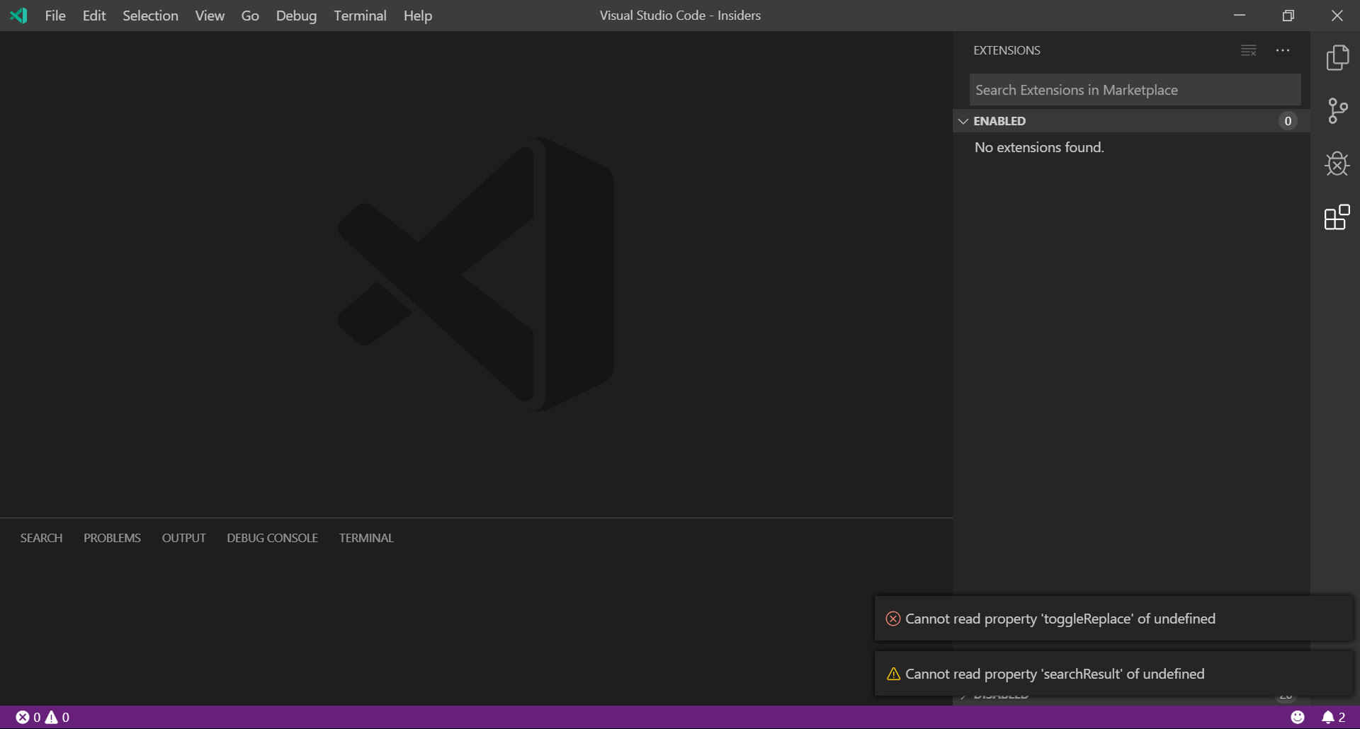 Ctrl + Shift + F (and View > Search) - Opening search panel is broken ...