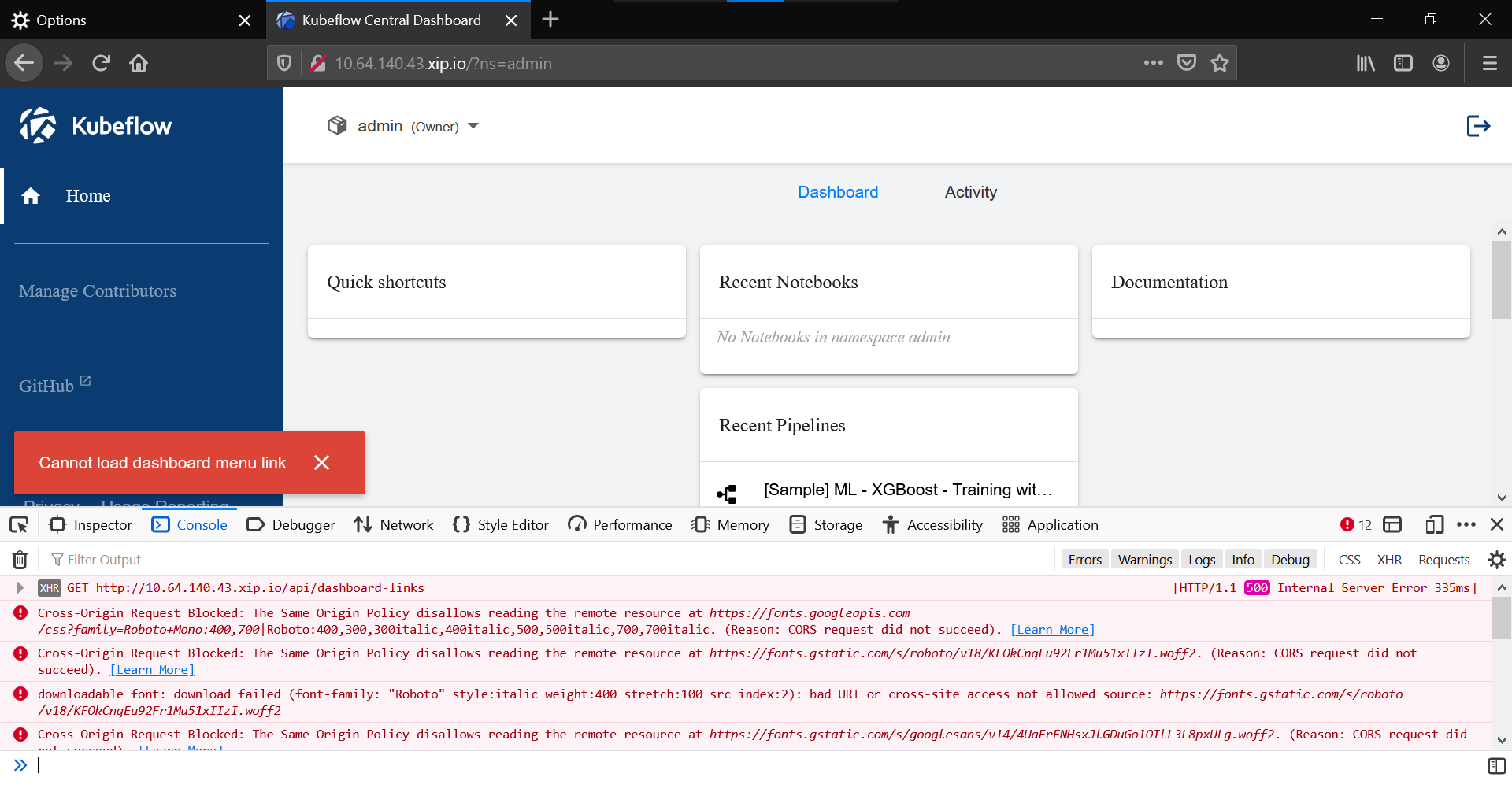 Kubeflow dashboard: Cannot load dashboard menu link · Issue #344 · canonical/bundle-kubeflow ...