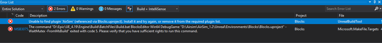 Compile Error -- Unable to find plugin 'AirSim' (referenced via Blocks ...