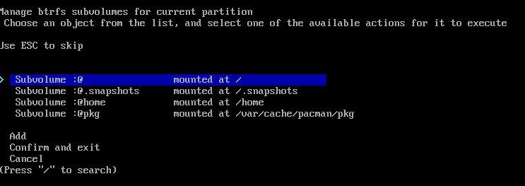 Menu system - btrfs subvolume issue · Issue #1091 · archlinux/archinstall · GitHub
