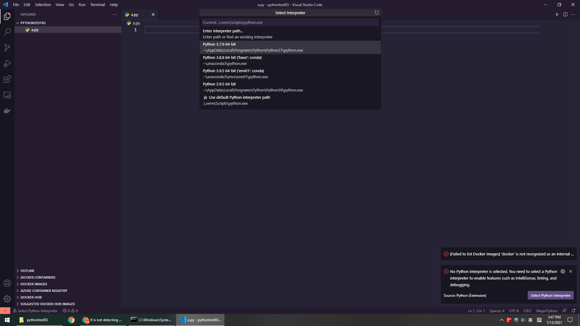 Python extension could not detective the environment automatically, and ...