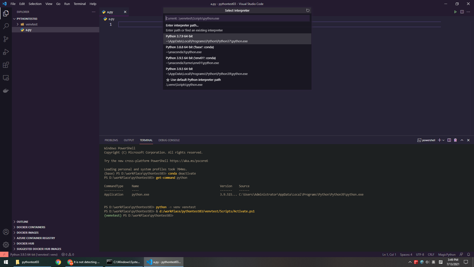 Python extension could not detective the environment automatically, and ...