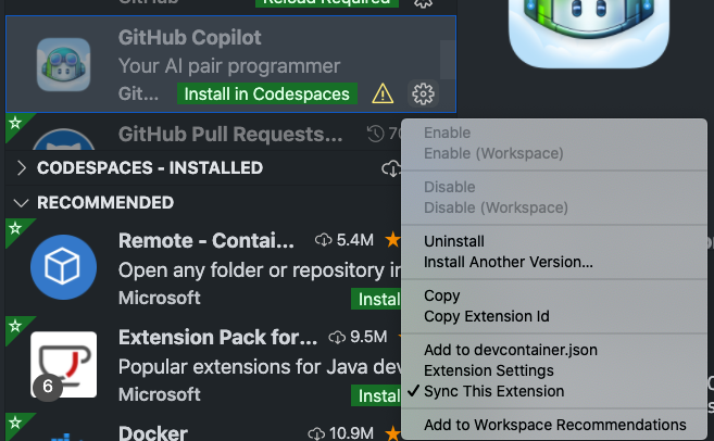 Initialize the codespace with locally installed extensions when creating the codespace in ...