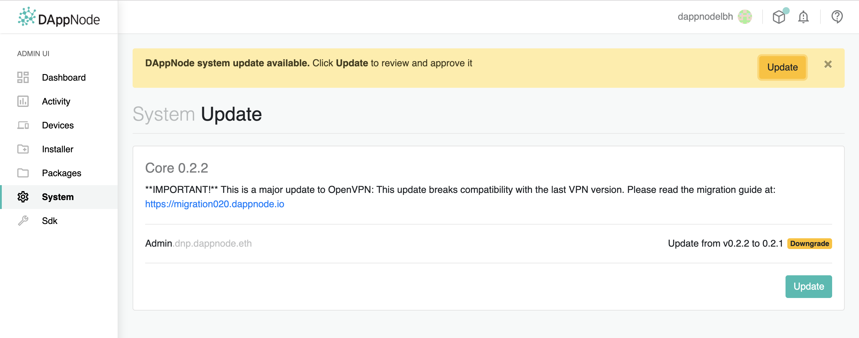 0 2 0 Update Warning Appears Still When Upddating From 0 2 X To 0 2 Y · Issue 274 · Dappnode