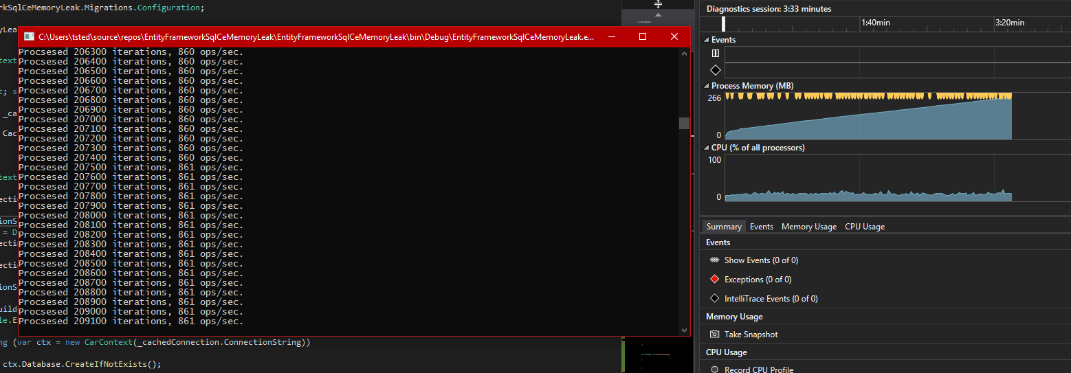 Memory leaks when using Entity Framework and Sql Server Compact Edition with cached, single ...