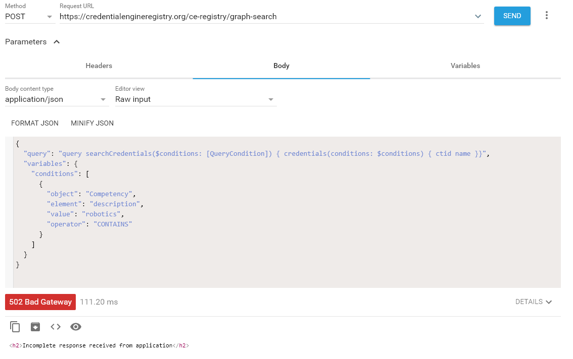 Graph search returning 502 Bad Gateway or 301 Moved Permanently · Issue #185 · CredentialEngine ...