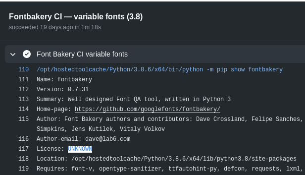 FontBakery license listed as "UNKNOWN" on GHAction log · Issue #3118 · fonttools/fontbakery · GitHub