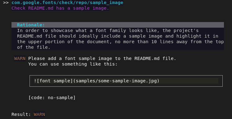 Add check: Repo README has sample image inline? · Issue #2898 · fonttools/fontbakery · GitHub