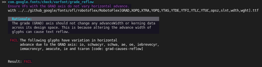 com.google.fonts/check/varfont/grade_reflow: cleanup output · Issue #3561 · fonttools/fontbakery ...