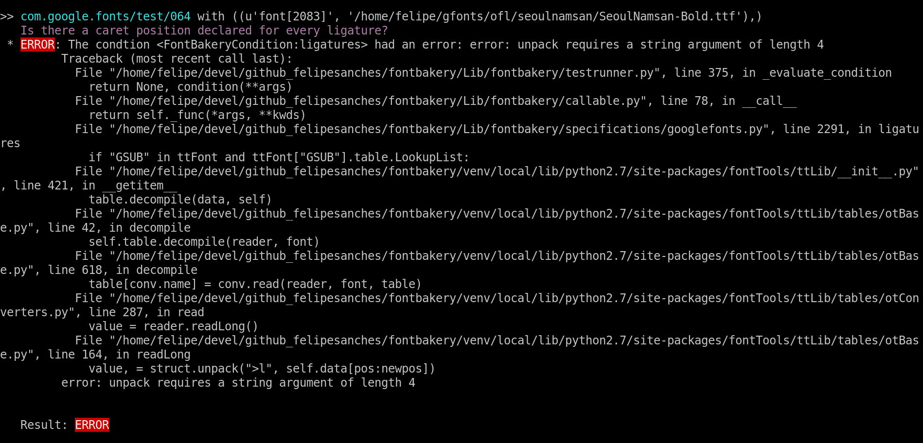 Fix ERROR on ligatures conditional · Issue #1596 · fonttools/fontbakery · GitHub