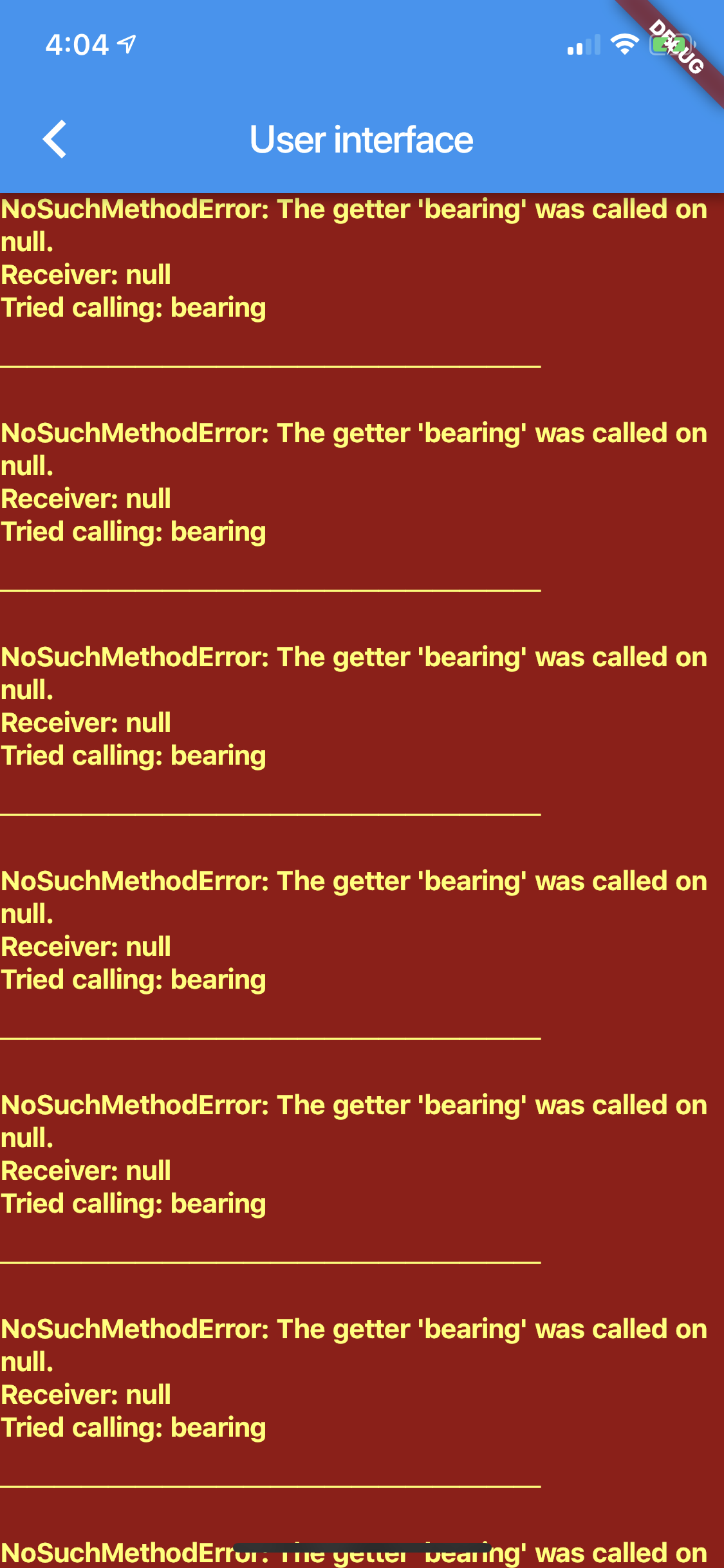 Any UI update on google_maps_flutter example project gives error "The getter 'bearing' was ...