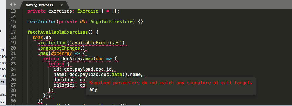 Angular 5 - firestore Snapshotchanges "supplied parameters do not match any signature of call ...
