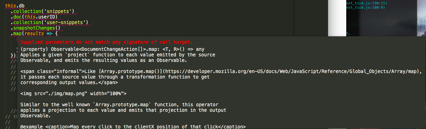 Angular 5 - firestore Snapshotchanges "supplied parameters do not match any signature of call ...