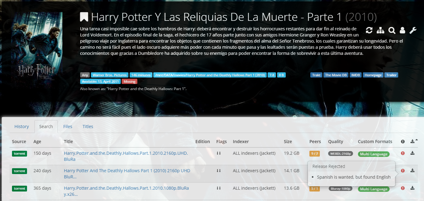 Radarr is translating to english all my searches and titles of movies ...