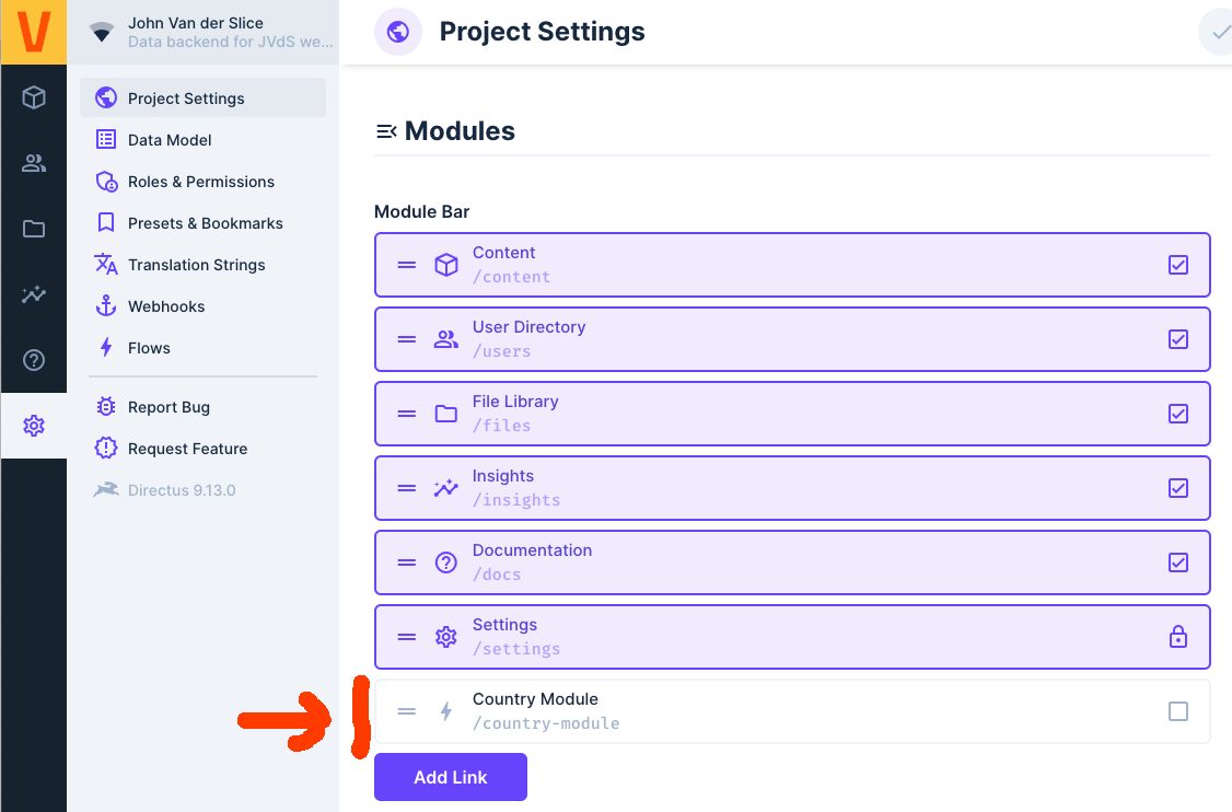 After deleting a custom module, its reference in the (SQLite) db "directus-settings" is not ...