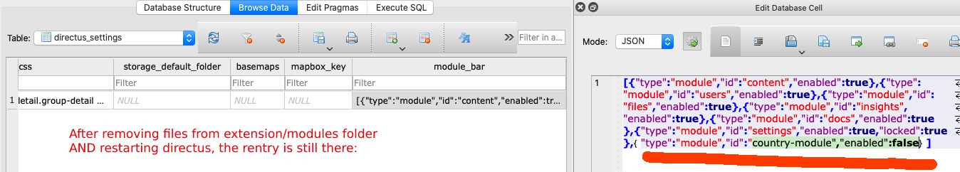 After deleting a custom module, its reference in the (SQLite) db "directus-settings" is not ...
