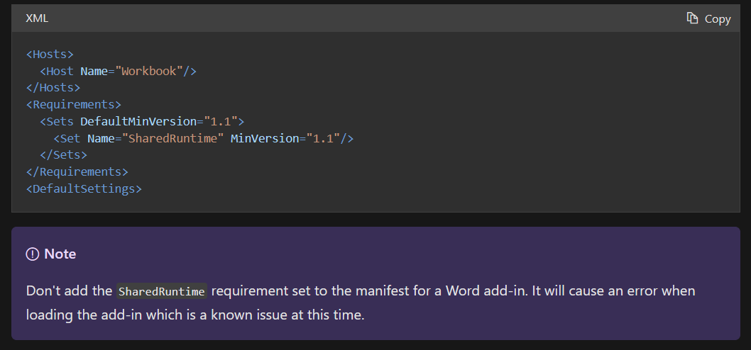 Shared Runtime Requirement Sets And Word Multi Host Manifest · Issue 3792 · Officedev