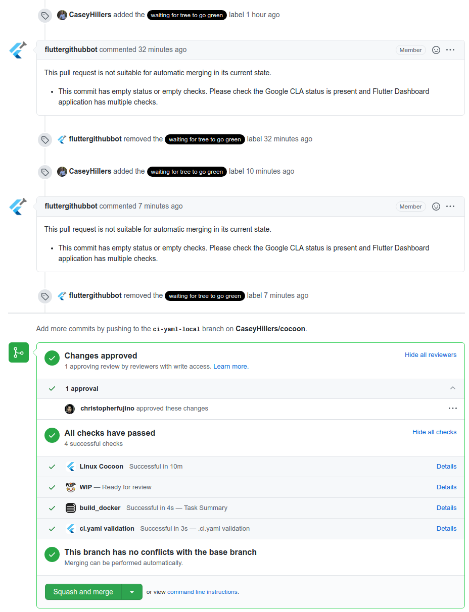 Waiting for tree to go green failed to submit green cocoon PR · Issue #86367 · flutter/flutter ...