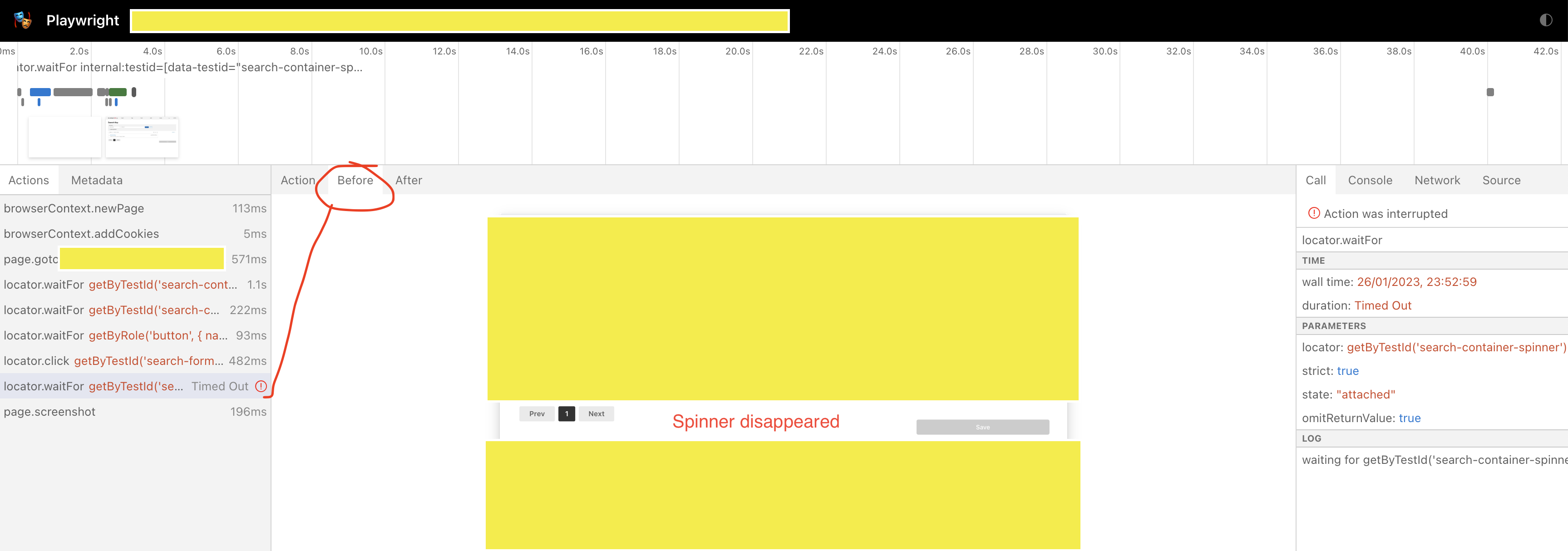 [BUG] Locator can't find element although it's present in the "after" of the previous step ...