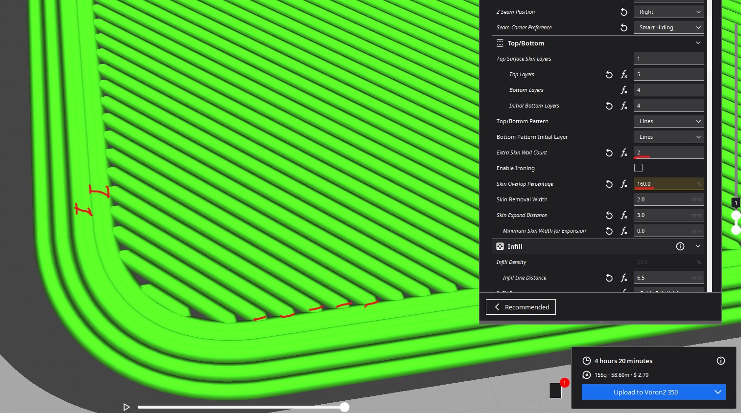 Interaction between 'extra skin wall count' & ' Skin overlap percentage ...