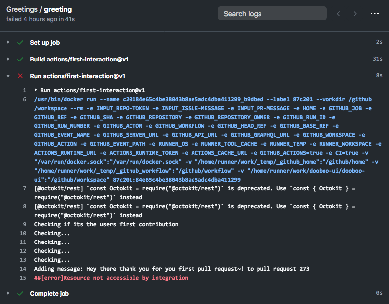 first PR test fail: `[error]Resource not accessible by integration ...