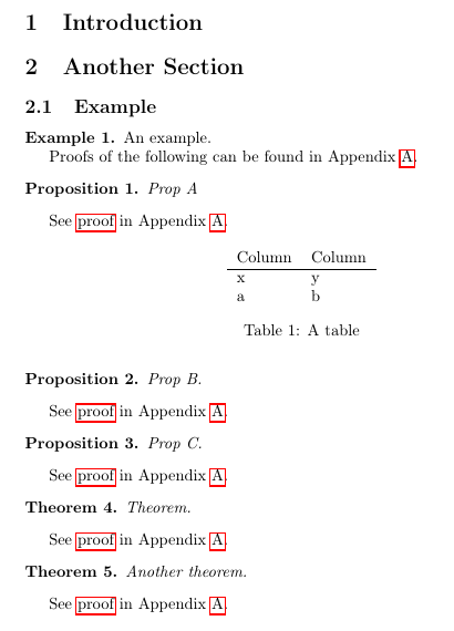 restate results in "see proof in Equation A" instead of "see proof in ...