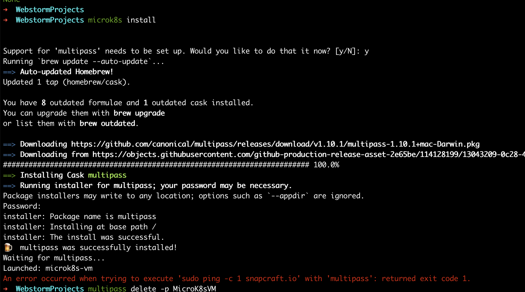 An error occurred when trying to execute 'sudo snap install microk8s --classic' with 'multipass ...