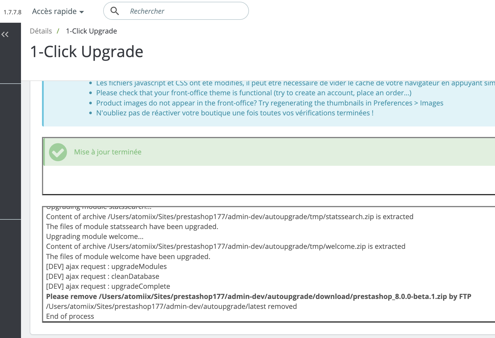 Autoupgrade - BO - A 500 errors in console when upgrade from 1.7 to 8.0 (Method Not Allowed ...