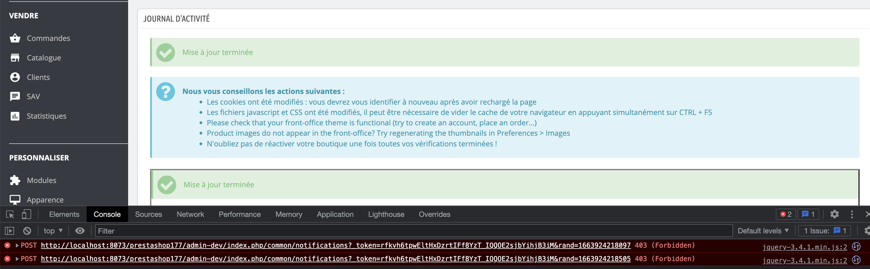 Autoupgrade - BO - A 500 errors in console when upgrade from 1.7 to 8.0 (Method Not Allowed ...
