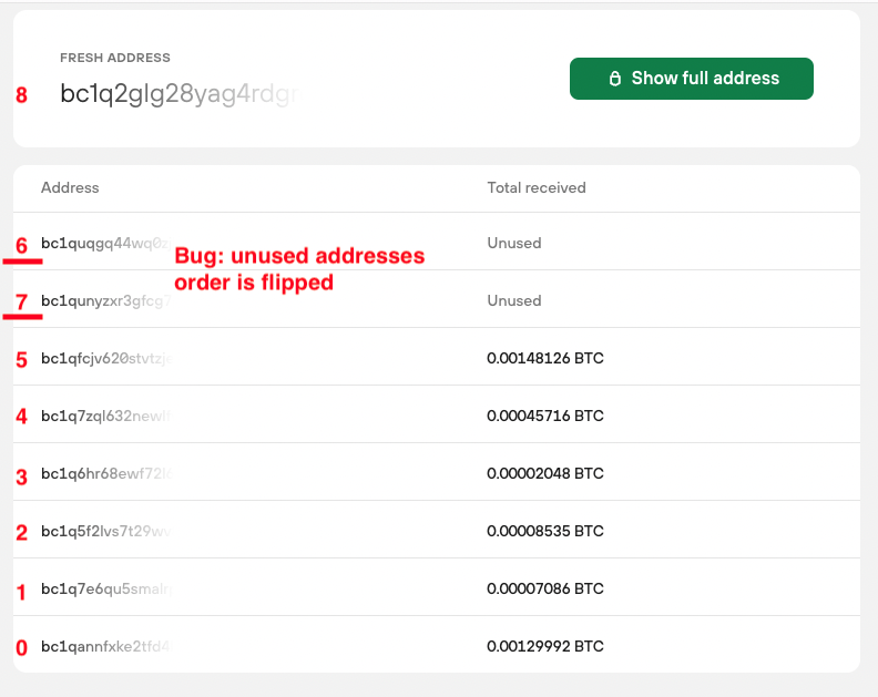 Flipped order of unused receive addresses · Issue #7248 · trezor/trezor-suite · GitHub