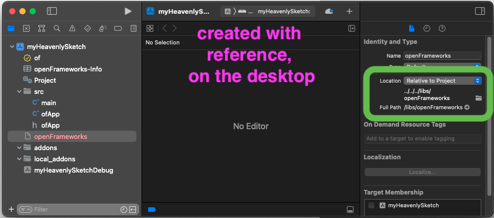 Xcode sidebar OF reference/group is relative to ../../.. wherever the project is PG-created ...