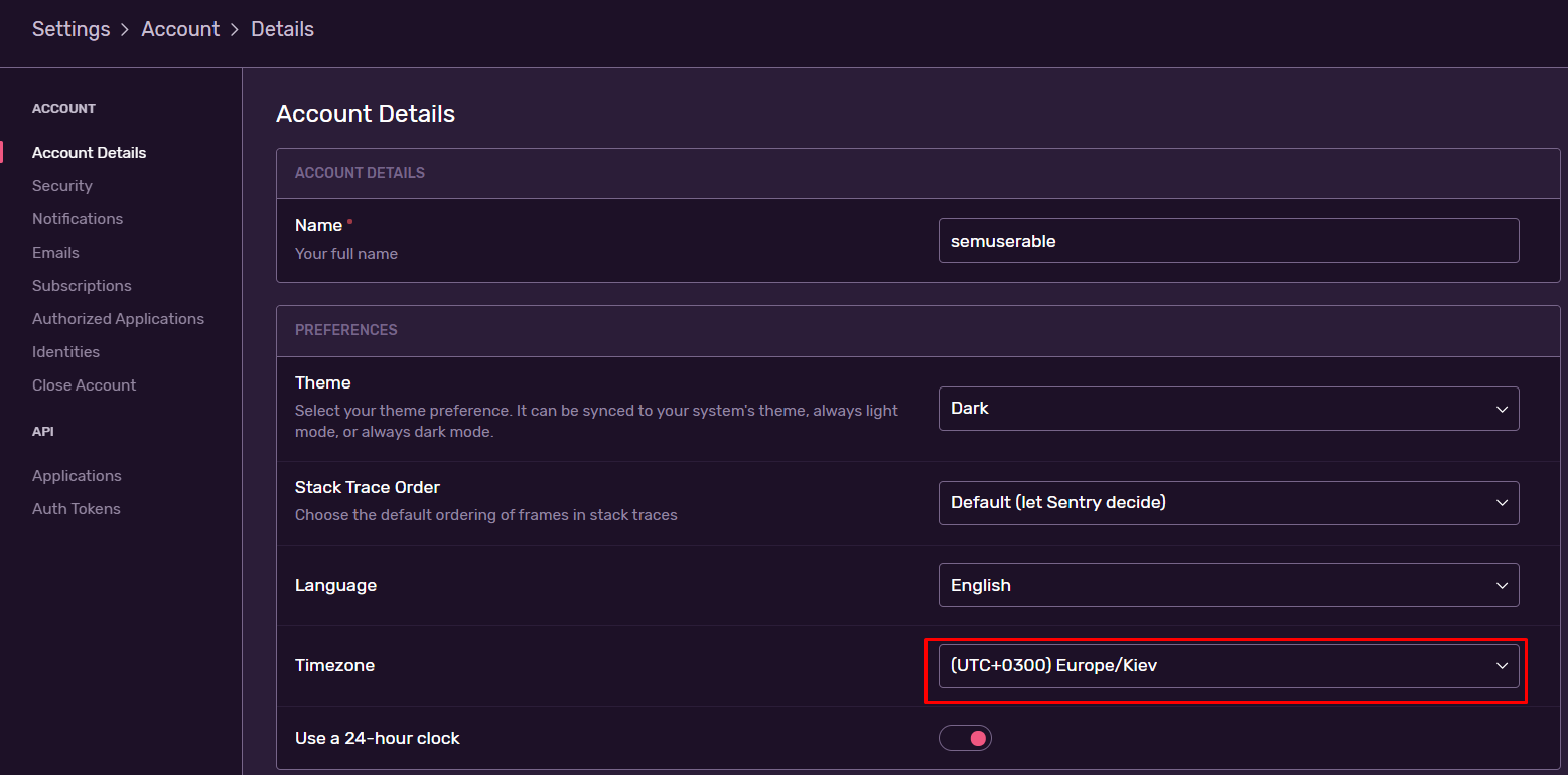 Wrong timezone and name on Sentry UI, User Settings screen (Settings ...
