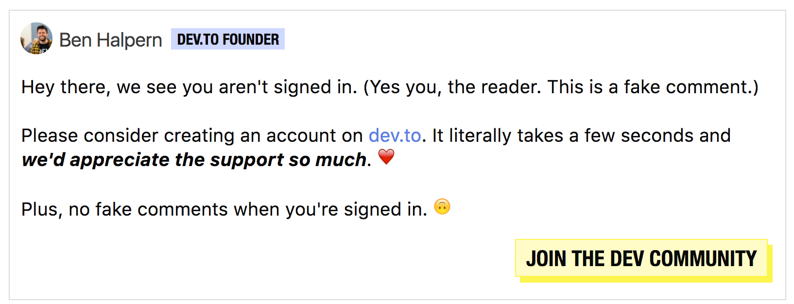 The "Fake Comment" signup CTA is asshole design. · Issue #858 · forem/forem · GitHub